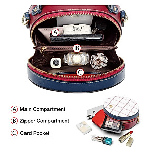 Leather Circular Handbags for Women, Genuine Leather Ladies Round Crossbody Bags with Adjustable Chain Strap Small Women's Fashion Shoulder Bags Mini Girls Leather Messenger Bags Satchel Purses(White)