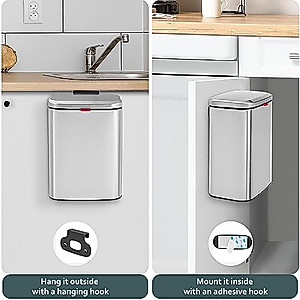 Nunsino Hanging Kitchen Compost Bin 8 Liter / 2.1 Gallon Includes 30 Compostable Bags, Trash Can with Removable Inner Bucket, Stainless Steel, Airtight Lid, Silver