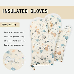 Professional Silicone Oven Mitts,Heat Resistant Waterproof Gloves, Anti-scalding Chef Cooking and Baking Pothholders, Flexible Oven Gloves with Quilted Liner,1 Pair, 11.6 Inch (Dinosaur)