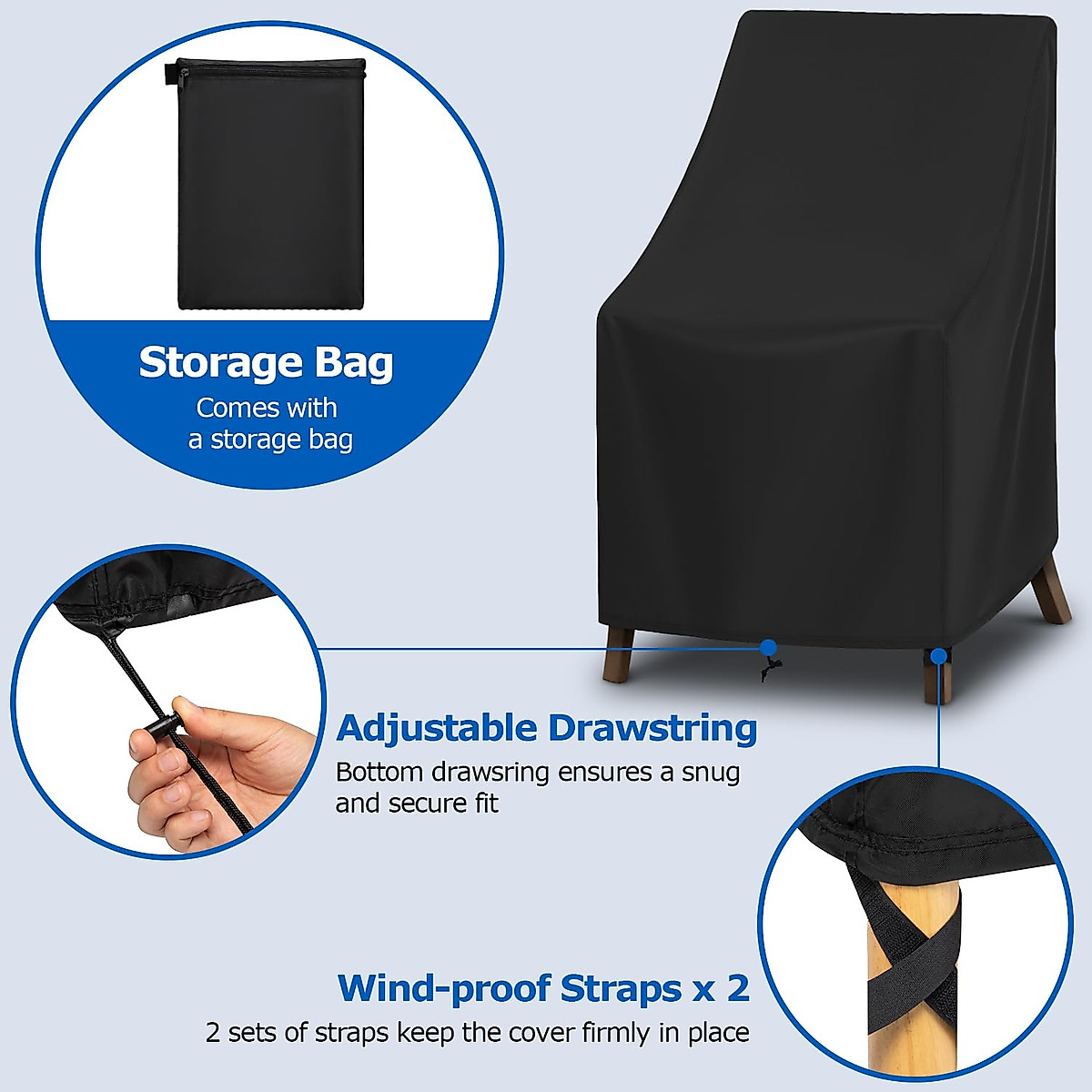 SunPatio Outdoor High Back Chair Covers Waterproof, 2 Pack Stackable Patio Chair Covers with Windproof Straps, Outdoor Patio Furniture Covers All Weather Protection, 27" x 30" x 42", Black