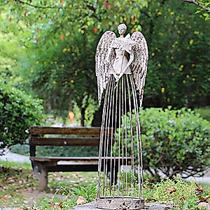 Antiqued Metal Garden Angel Statue with Star Wand, Indoor Outdoor Yard Art Decor Lawn Patio Decorations Holiday Present Idea, 26inH (Star Wand)
