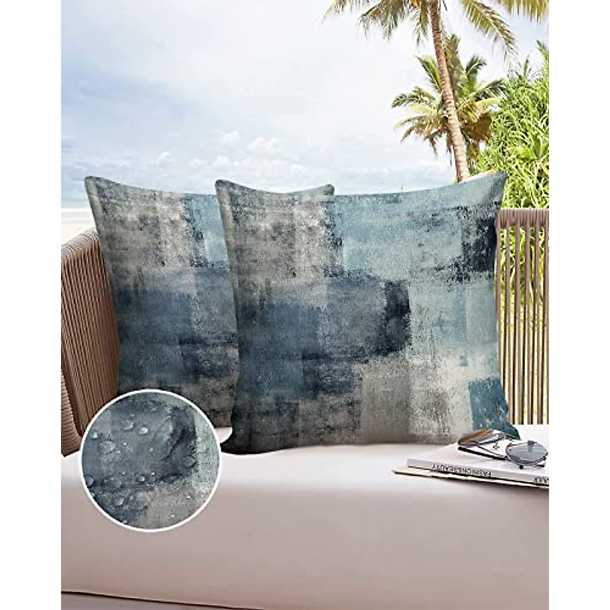 Waterproof Outdoor Throw Pillow Cover Blue and Gray Lumbar Pillowcases Set of 2 Modern Art Abstract Painting Decorative Patio Furniture Pillows for Couch Garden 18 x 18 Inches
