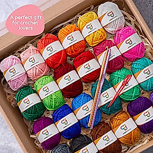 JumblCrafts 24-Yarn Crocheting Starter Kit. 24 Fun-Sized Skeins with 2 Crochet Hooks and 2 Weaving Needles, 24 Assorted Colors of Acrylic Yarn for Crafters. Great for Beginners and Experts