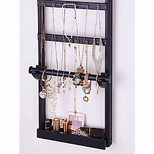 LUXFURNI Jewelry Organizer Holder Wall Mount Door Hanging Jewlery Storage, Display for Necklaces Bracelet Earrings Ring with wood tray(Black)