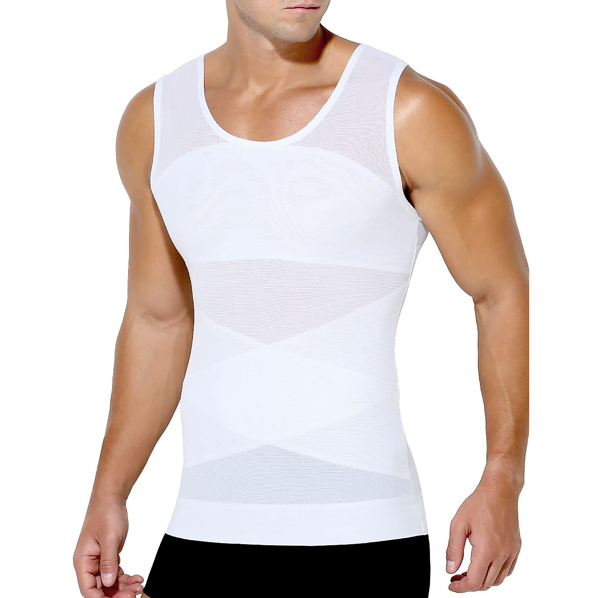 Arjen Kroos Men's Body Shaper Compression Mesh Tank Top Undershirts Shapewear,WHITE-ML4005,L