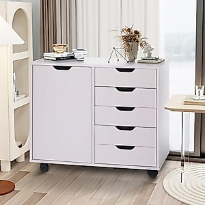Rotihom 5 Drawer File Cabinet, Wood Mobile Lateral File Cabinet for Home Office Bedroom, 31 Inch Printer Stand with Storage on Wheels, Mobile Office Shelf with 2-Compartment Cabinet (White)