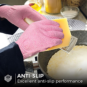 Evridwear 2 Colors 2 Pairs Combo Level 5 Cut Resistant Gloves with Strong Silicone Grip Dots Kitchen Meat cutting Fish Fillet Shucking and Mandolin Slicing Free E-book(M, Pink+Gray)