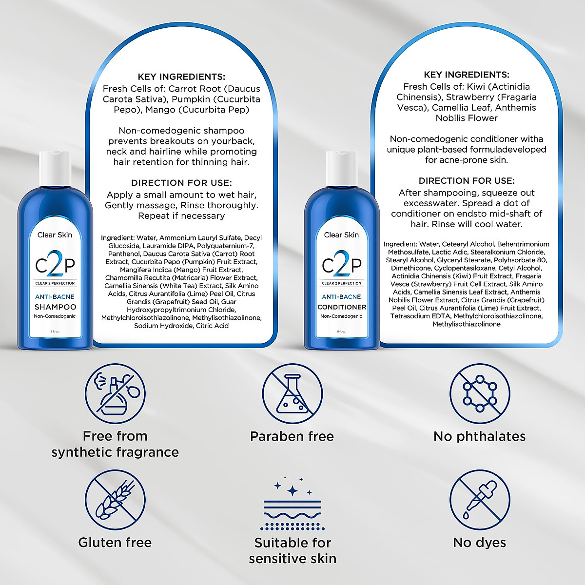 Non-Comedogenic Hair Conditioner for Blemish Free Skin by Clear 2 Perfection with Fresh Cells Strawberry and Kiwi Suspensions. Hair Conditioner for Acne. Made in USA