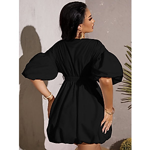 WDIRARA Women's Deep V Neck Puff Sleeve High Rise Flare Dress Elastic Waist Dress Black S