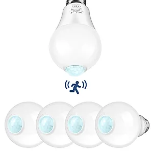 Boxlood Motion Sensor Light Bulbs, 12W(100-Watt Equivalent) PIR Motion Activated Dusk to Dawn Outdoor LED Light Bulb, E26 5000K Daylight, Perfect for Garage Front Door Porch Hallway Basement 4Piece