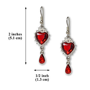 Valentines' Day Red Heart Romance Dangle Earrings Austrian Crystals Thorns and Roses Silver Finish