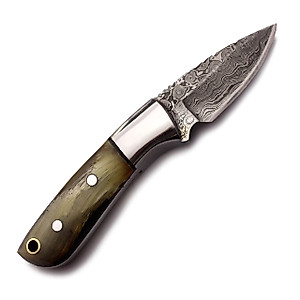 WolfKlinge Handmade Damascus Steel Fixed Blade Small Knife for Edc,Hunting,Survival,Camping,Skinning and Fishing-With Drop Point Blade Full Tang- Bone Handle and Cowhide-Leather Sheath - (BonePoint)