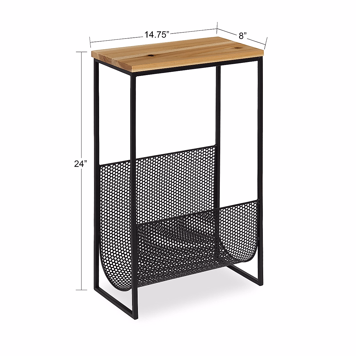 Kate and Laurel Galen Accent Side Table and Magazine Rack with Natural Wood Top and Black Metal Base