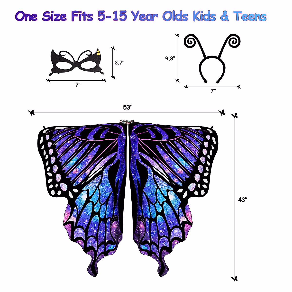 Tibeha Halloween Butterfly Costume for Girls - Double-Sided Printing Wings Kids Cape with Mask, Antenna Headband, Hair Clips