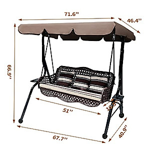 J.M.Deco 3 Seat Porch Swing, Outdoor Swing with Canopy Adjustable, 3 Pillows & 2 Side Trays, Wicker Patio Swing Chair for Balcony, Garden, Poolside, Backyard (Brown)
