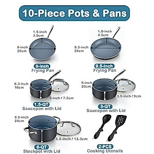 Cook N Home Pots and Pans Nonstick Ceramic Kitchen Cookware Sets Include Saucepan, Frying Pans, Stockpot with Lids, Nylon Utensils, 10-Piece, Heavy Gauge, Black & Gray