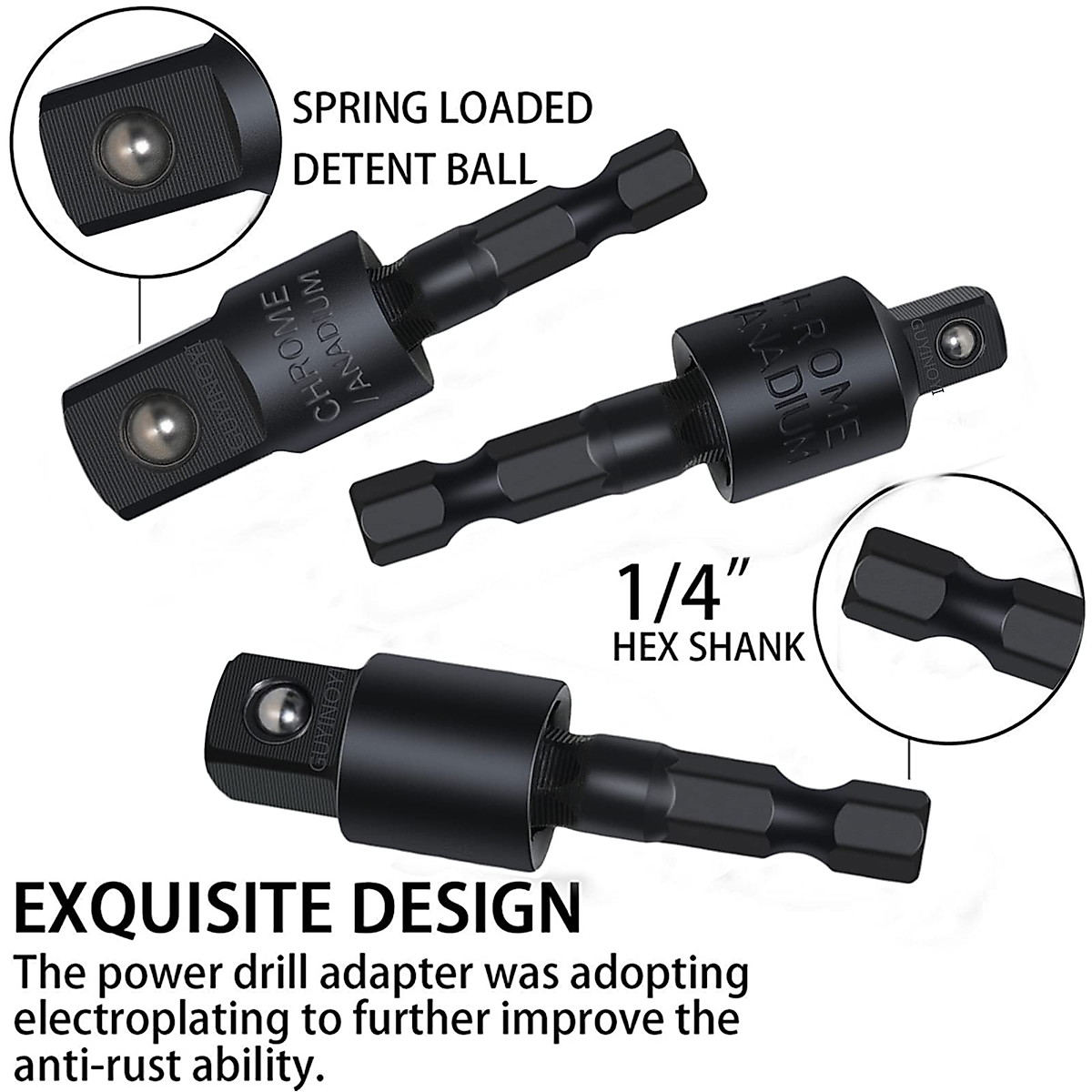 Power Hand Tools,Impact Driver Bit Set,360°Rotatable,3Pcs1/4"3/8"1/2"Hex Shank Set Power Drill Cordless Impact Sockets Bit Set Adapter,1/4Inch Hex Shank,to Drive for Adapters to Use with Drill Chucks