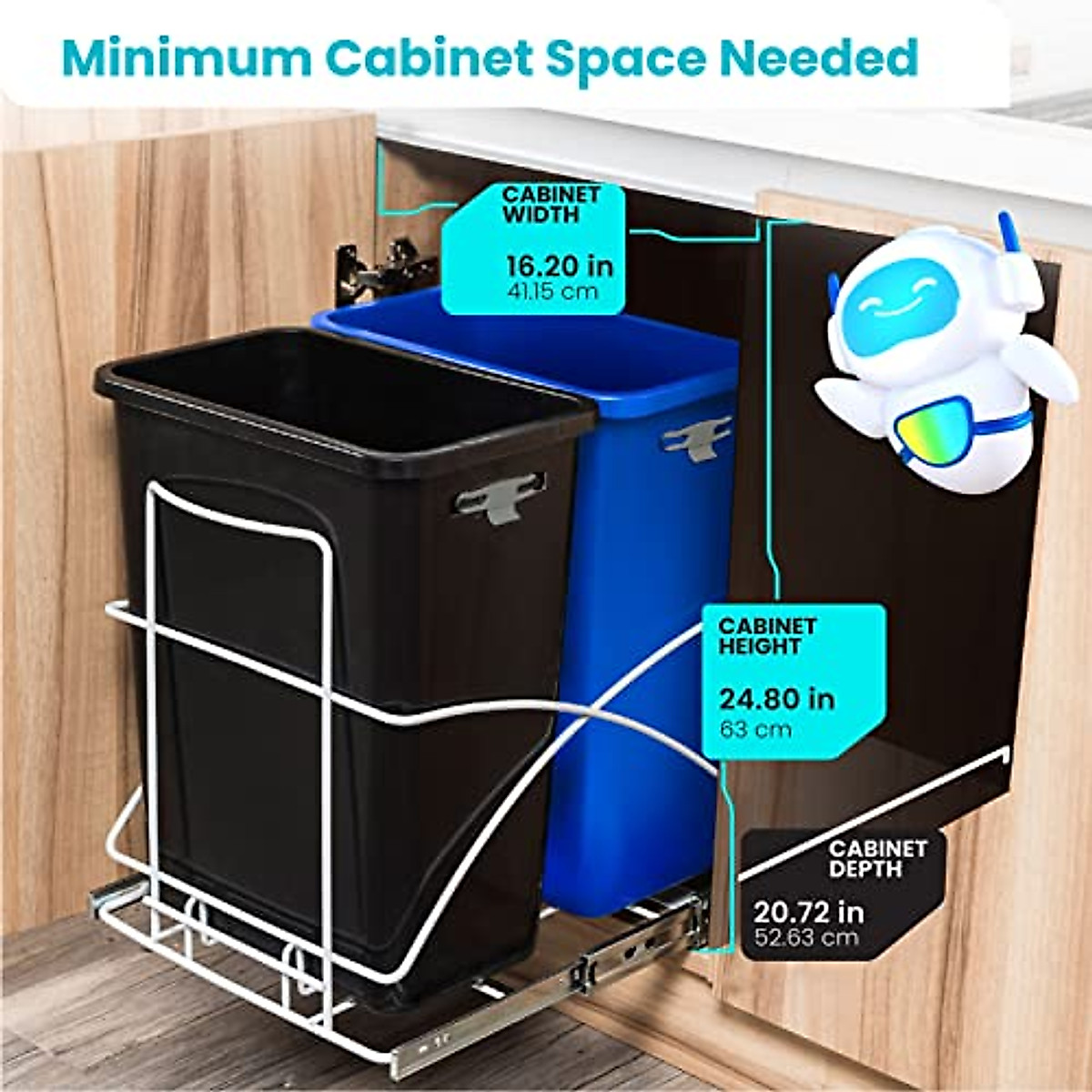 Home Zone Living 15.3 Gallon Pull Out Under Cabinet Trash Can, Large Dual Removable Liners for Recycling and Trash (7.65 + 7.65 for 15.3 Gallon Total)