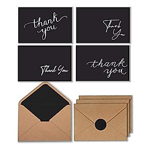 100 Black Thank You Cards with Brown Kraft Envelopes and Stickers - 4 Designs Bulk Notes for Official, Formal, Office, Graduations, Business, 4x6 Inch Folded
