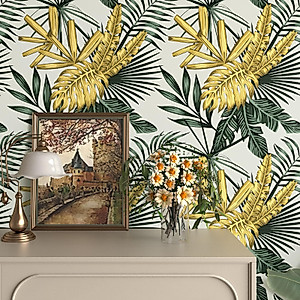WESTICK Green Gold Botanical Wallpaper 17.5" x 118" Tropical Wallpaper Stick and Peel Floral Contact Paper for Walls Self Adhesive Leaf Wallpaper for Bedroom Kitchen Cabinet RV Countertops