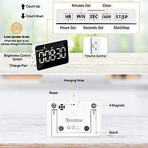 Rechargeable Digital Kitchen Timer for Cooking, Magnetic Timers with Countdown/up, Kids Timer with 5”LED Display 3 Brightness 4 Volume Adjustable for Classroom/Office/Home/Work/Study/Fitness/Game
