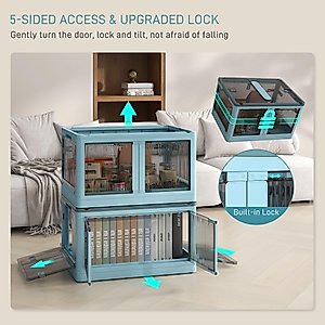 HOMCOM 18 Gal Stackable Storage Bins with Lids, 3 Packs Collapsible Closet Organizers and Storage, Plastic Drawer Storage Container on Wheels with 5-Sided Access, Doors for Blankets, Blue