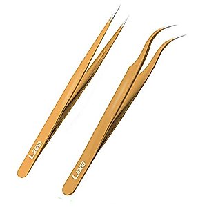 LIVINO Eyelash Extension Tweezers Straight - Set of 2 Stainless Steel Extension Tweezers with Curved Tip - Eyelash Extension Supplies Nipper for Eyelash Extensions Eyelash Tweezers