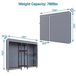VIPEK V6C Heavy Duty Covered Clothes Rack Portable Wardrobe Closet, 5 Tiers Wire Garment Rack Black Metal Clothing Rack with Grey Oxford Fabric Cover, 75.6" L x 18.5" W x 76.8" H, Max Load 780 LBS