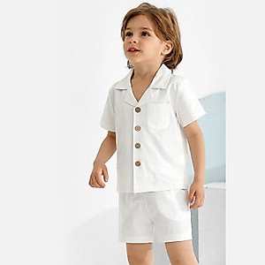 Baby Boy Clothes Set Toddler Summer Outfit Cotton Linen Short Sleeve T-Shirt Top Pocket Button-Down Shirt Short Set White