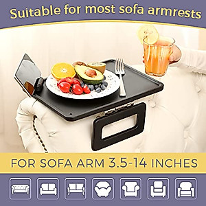 Bamboo Sofa Arm Tray Table Clip for Couches Arm, Multi-Function Side Couch Arm Tray with 360° Rotating Phone Holder, Suitable for Home Drinks/Remote/Snacks/Fast Food Et (Black)