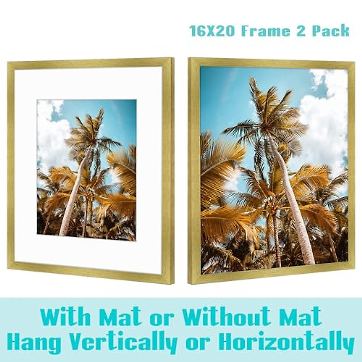 Frametory, 16x20 Picture Frame with Mat for 11x14 Picture- - High Definition Glass Wide Molding - Preinstalled Wall Mounting Hardware (Gold, 1 Pack)