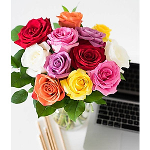 From You Flowers - One Dozen Rainbow Roses with Free Vase (Fresh Flowers)