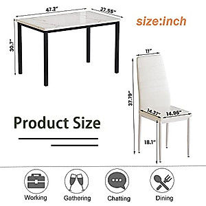 Lamerge Kitchen Tables Set for 4, Dining Faux Marble Top Table and 4 PU Leather Chairs, 5 Pieces Dining Room Table Set for Small Space, Breakfast Nook and Apartment,White+Beige,Dining Table024