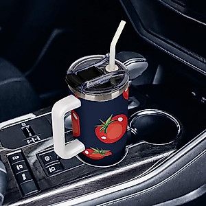 Tomato Pattern Insulated Tumblers with Handle Stainless Steel Coffee Mug Funny Travel Cup with Lid Straw 40oz