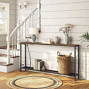 ALLOSWELL 63” Sofa Table with Power Outlets, 2-Tier Console Table with Charging Station, Couch Table, Narrow Long Behind Sofa Table, for Living Room, Entryway, Foyer, Rustic Brown and Black CTHR22E01