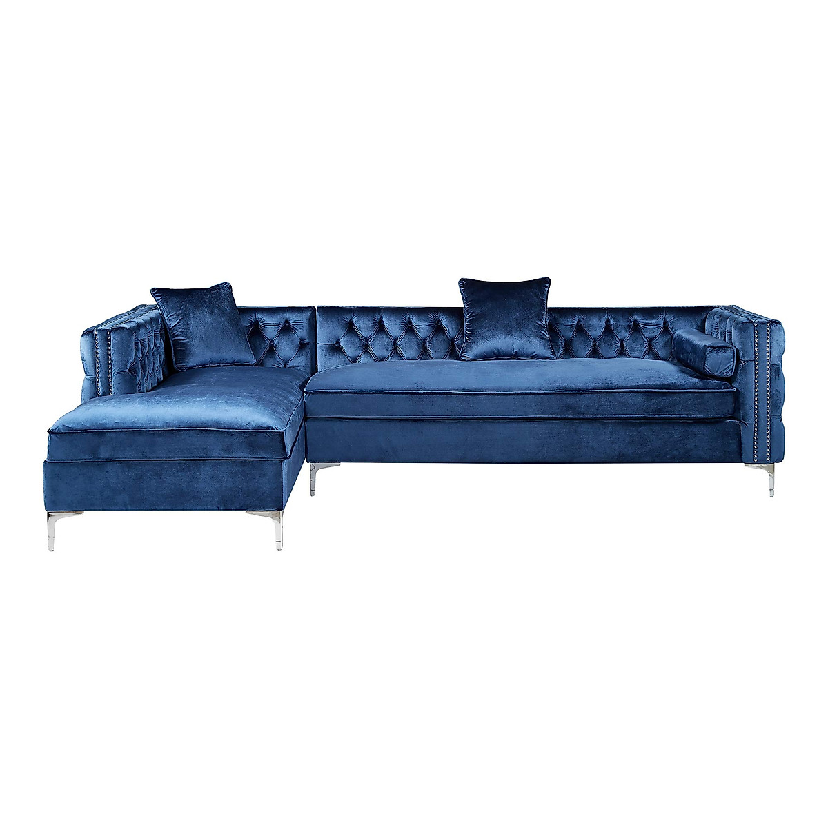 Inspired Home Navy Chaise Sectional Sofa - Design: Giovanni | 115" Left Facing | Velvet | Storage | Metal Legs | Tufted Design