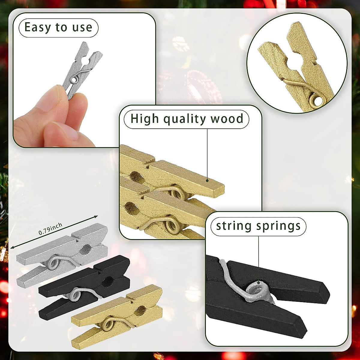 Jetec 200 Pcs Christmas Mini Wooden Clothespins for Craft Gold Silver Black Tiny Wooden Photo Paper Clip Wood Peg Pin Clips for Holding Photo Scrapbooking Picture Memo Card