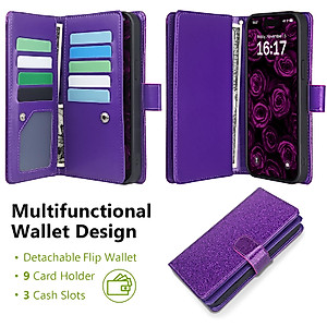 Varikke for iPhone 13 Wallet Case Detachable with Card Holder for Women, Fashion Glitter PU Leather Wrist Strap Strong Magnetic Flip Wallet Removable Phone Case Cover for iPhone 13 6.1", Dark Purple