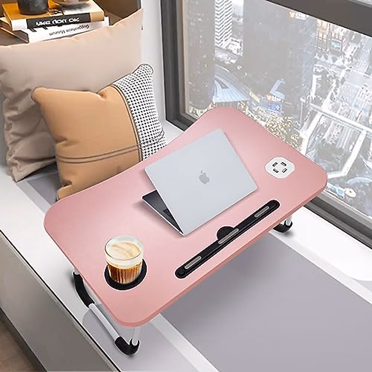 Royacon Laptop Bed Desk, Folding Lap Desk with Cup Holder, Portable Laptop Stand for Bed Laptop Desk Bed Table Tray with Drawer for Working Reading Writing, Eating Table for Bed Sofa Couch Floor