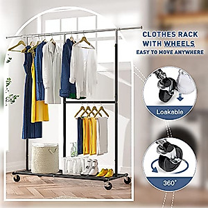 Raybee Clothes Rack Heavy Duty 405LBS Clothing Racks for Hanging Clothes 200+ Rolling Clothes Rack with Wheels Garment Rack Heavy Duty Clothing Rack with Shelves Portable Clothes Rack,Metal,Black