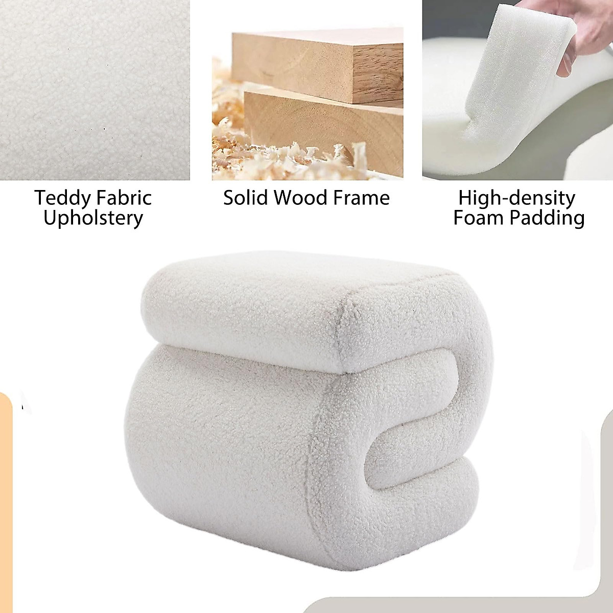 KIVENJAJA Sherpa Ottoman Stool, Modern S-Shaped Boucle Vanity Stool Pouf Ottoman Seat, Decorative Floor Chair Foot Stool for Makeup Room, Bedroom, Living Room (Teddy, White)