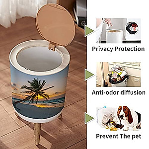 IBPNKFAZ89 Small Trash Can with Lid Palm Tree Sunrise in Tulum Garbage Bin Wood Waste Bin Press Cover Round Wastebasket for Bathroom Bedroom Kitchen 7L/1.8 Gallon