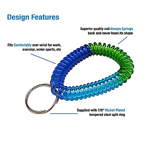 Lucky Line 2” Spiral Wrist Coil with Steel Key Ring, Multi-Color Flexible Wrist, Band Key Chain Bracelet, Stretches to 12”, Blue, Dark Blue,Green 1 PK (4103341)