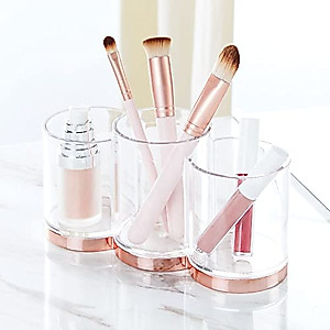 mDesign 3- Section Makeup Brush Organizer for Bathroom Vanity - Plastic Brush Holder for Makeup - Storage Cup for Eyeliner, Lipstick, Concealer - Cosmetic Holder, Lumiere Collection, Clear/Rose Gold
