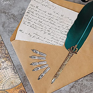 Feather Quill Pen and Ink Set - Calligraphy Pen Dip Set with Inkwell And Stand - Quill Pen Set with 5 Stainless Steel Nibs for Writing Paper, Letter Drawing Pen - Feather Pen Birthday Gift for Adults