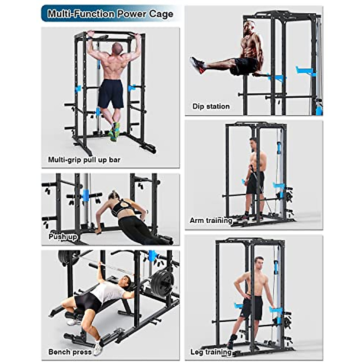ULTRA FUEGO Power Cage, Multi-Functional Power Rack with J-Hooks, Dip Handles, Landmine Attachment and Optional Cable Pulley System for Home Gym (Power Cage with LAT Pulldown)