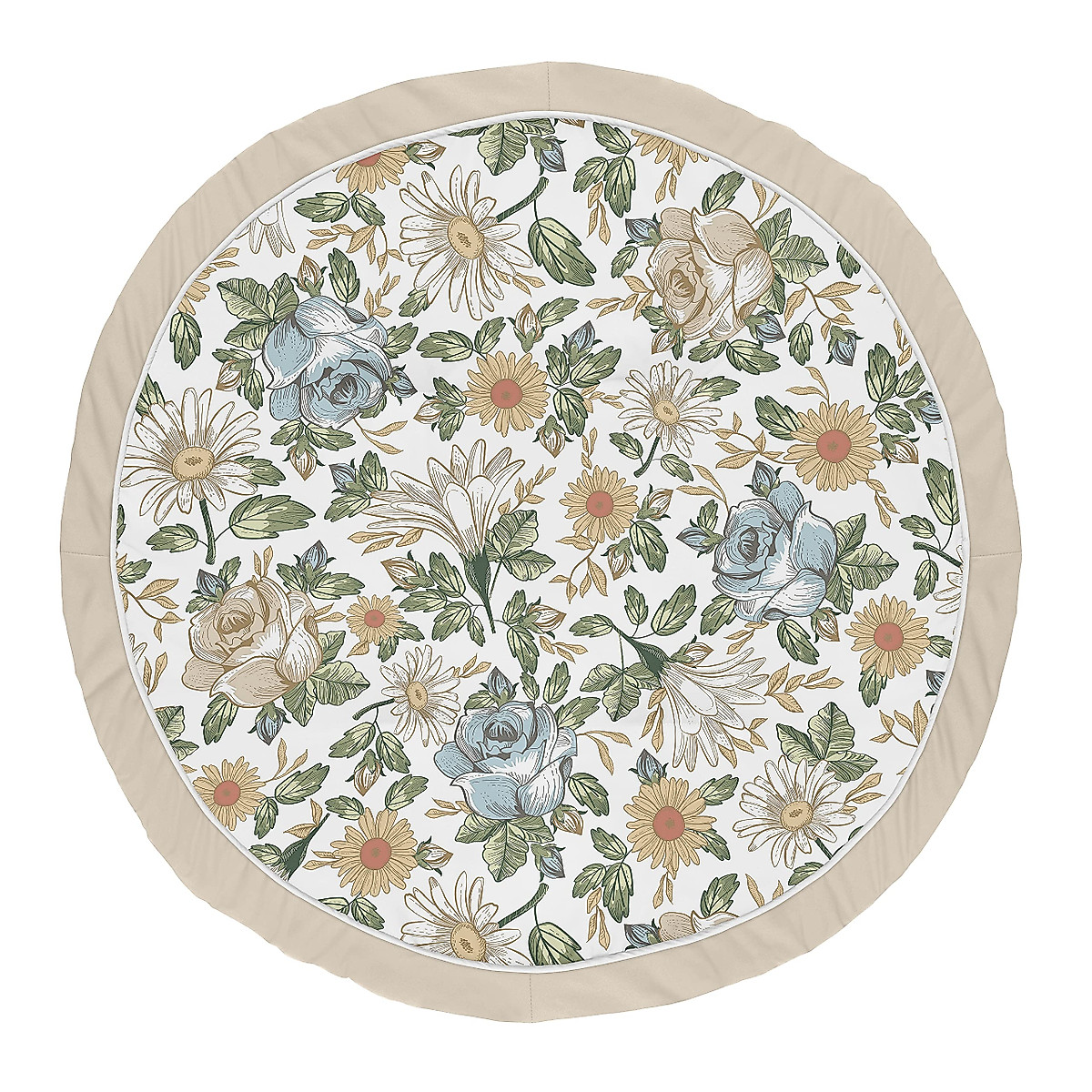 Sweet Jojo Designs Vintage Floral Blue Yellow Girl Baby Playmat Tummy Time Infant Play Mat - Slate Green Gold Orange Taupe Beige White Shabby Chic Rose Flower Boho Bohemian Farmhouse Roses Wildflower