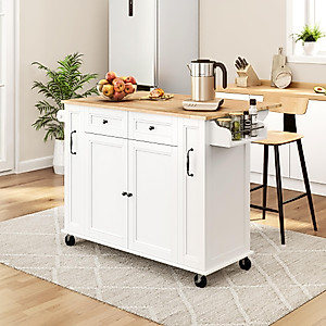 Topeakmart Kitchen Cart with Drop-Leaf Rubberwood Top, Rolling Kitchen Island with 2 Side Pull-Outs & 2 Drawers & Spice Rack, Kitchen Storage Cabinet on Wheels for Dinning Room, 52 Inch Width, White