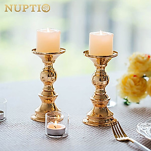 Set of 4 Gold Metal Pillar Candle Holders, Wedding Centerpieces Candlestick Holders for 2 inches Candles Stand Decoration Ideal for Weddings, Special Events, Parties