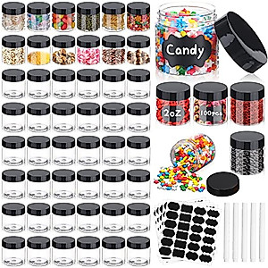 Mimorou 100 Pcs Plastic Jars with Lids Wide Mouth Round Clear Containers, Black Pen and Labels Refillable Airtight Travel Storage Leak Proof Small for Storing Dry Food, Makeup, Honey, Butter (2 oz)